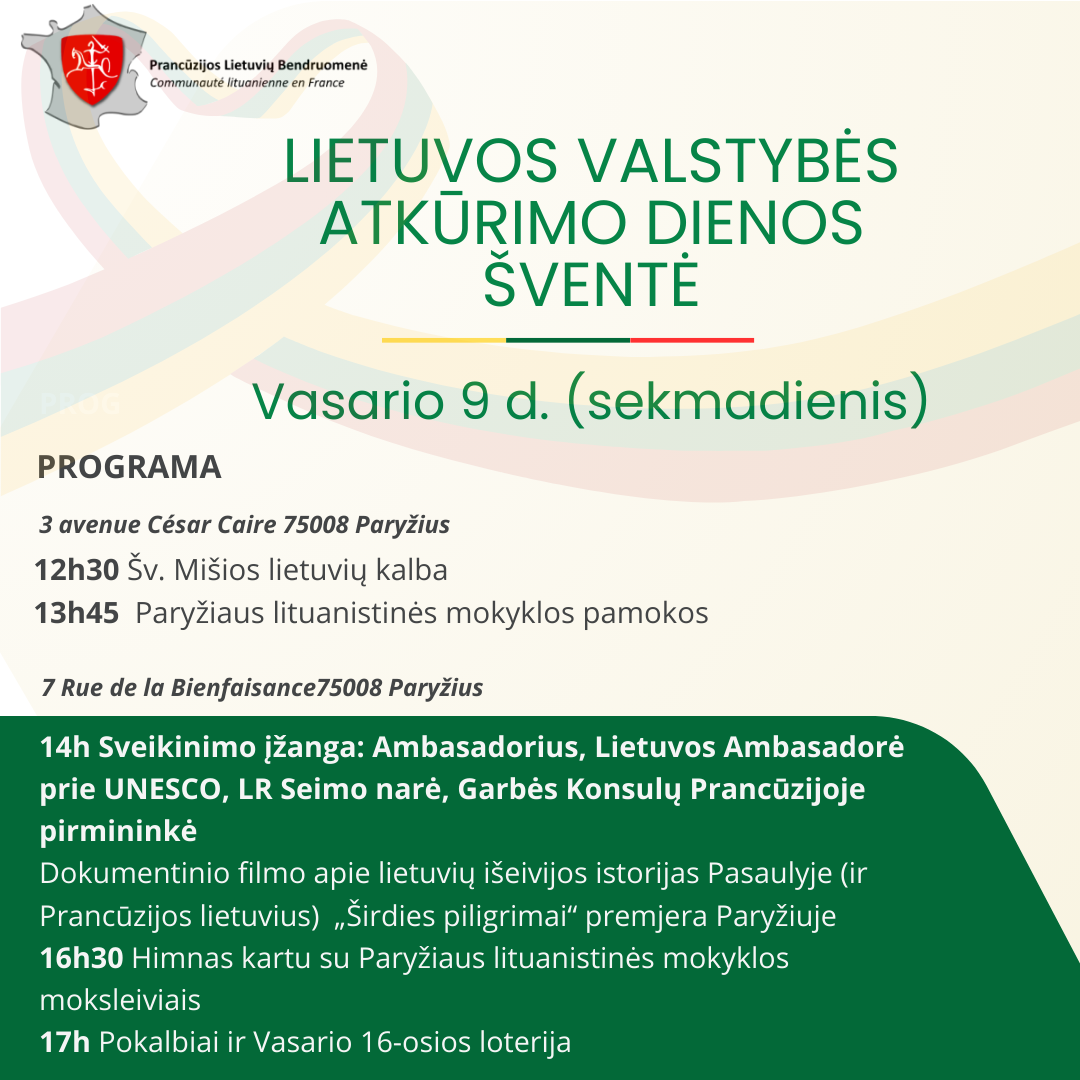 LIETUVOS VALSTYBĖS ATKŪRIMO DIENOS ŠVENTĖ PARYŽIUJE (vasario 9 d.)